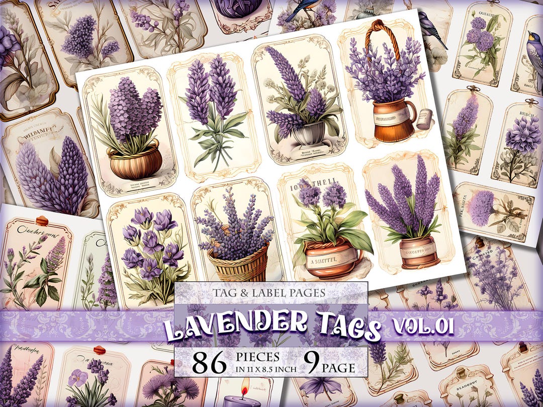 Lavender Tags Vol01, Labels, ATC, Watercolor Junk Journal ...