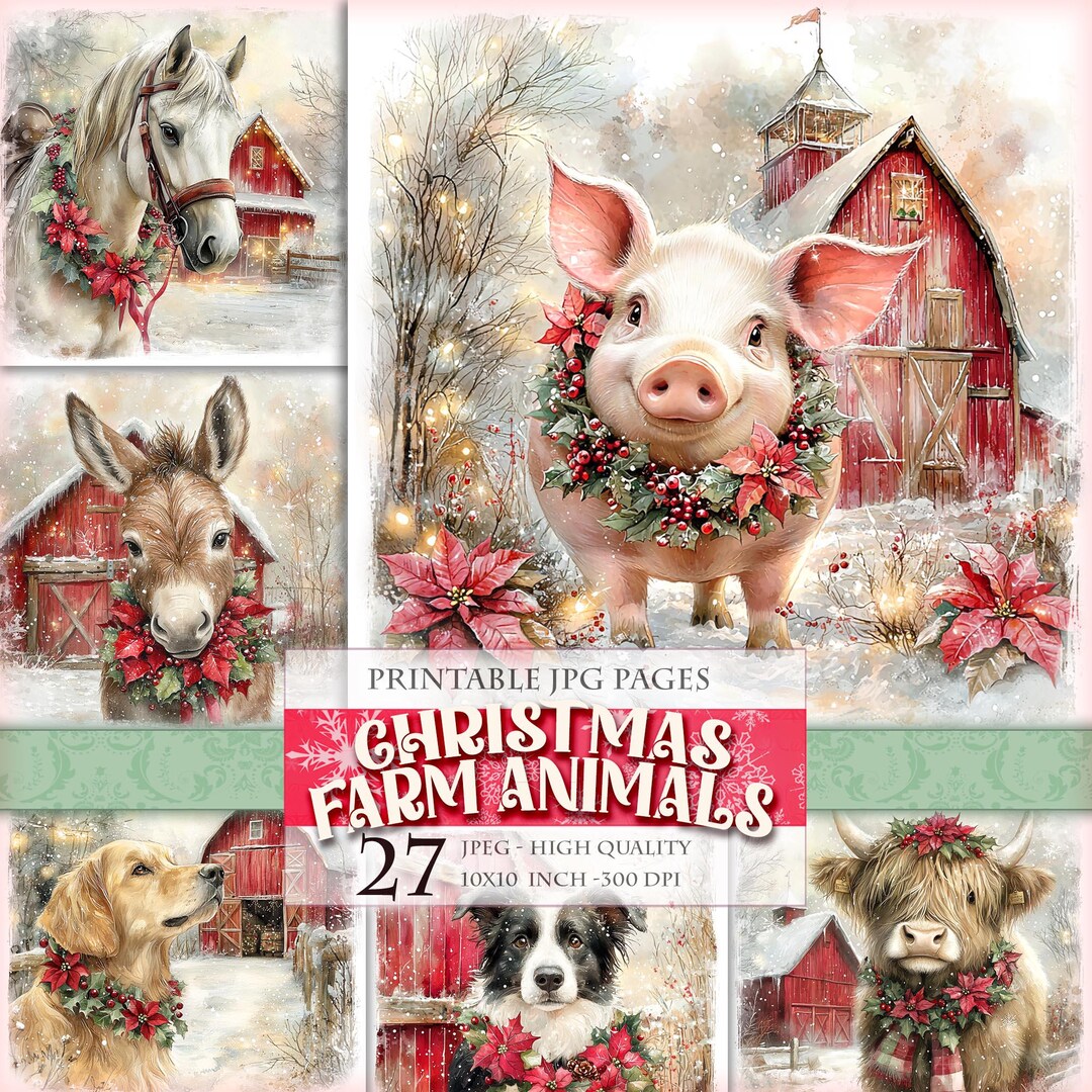 Christmas Farm Animals, Printable 27 JPG Image, Noel Cottage Landscape ...
