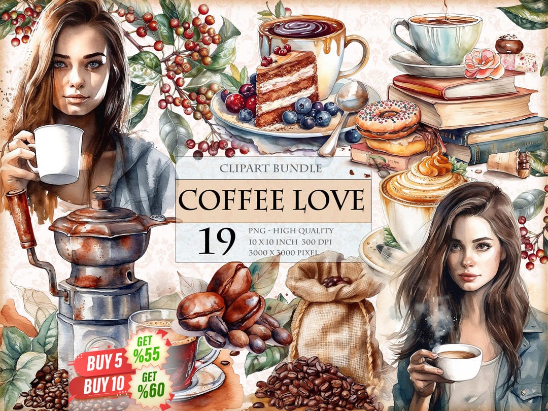 Coffee Love Coffee Themed Watercolor Clipart Bundle 19 HQ Printable PNG ...