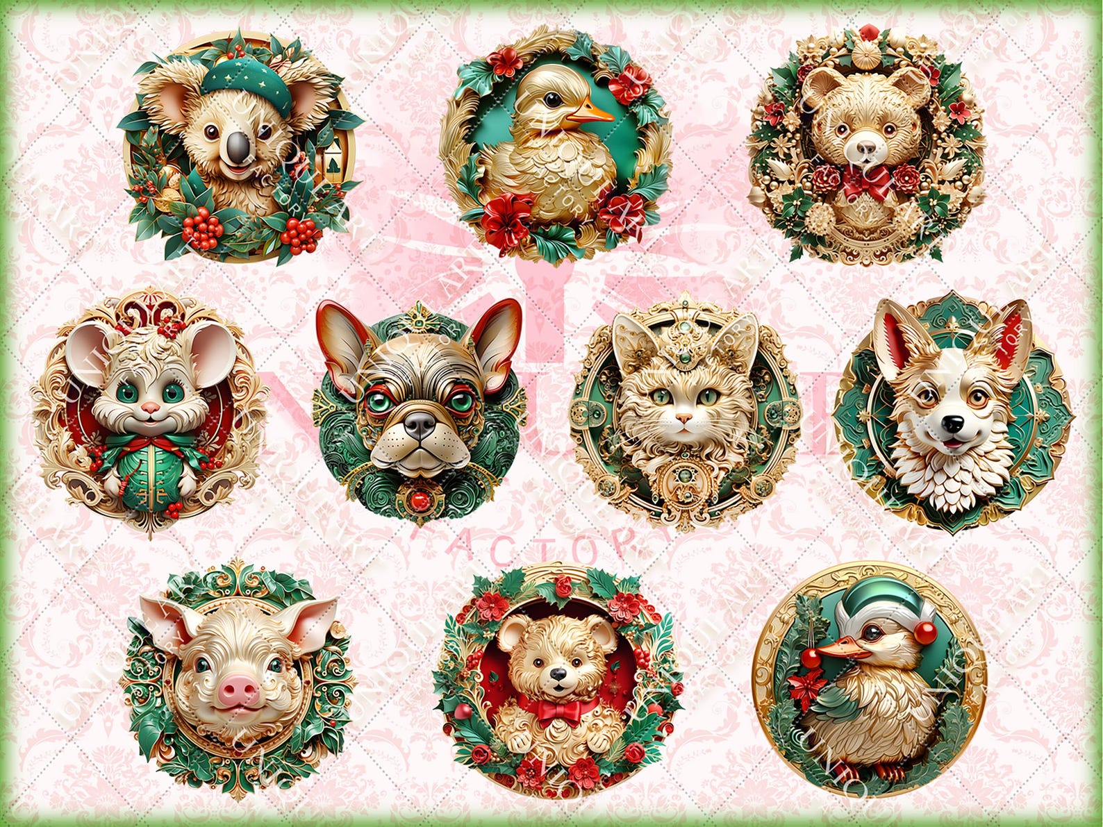 3D Animals, Christmas Round Ornaments, Clipart Bundle, 20 HQ Printable ...