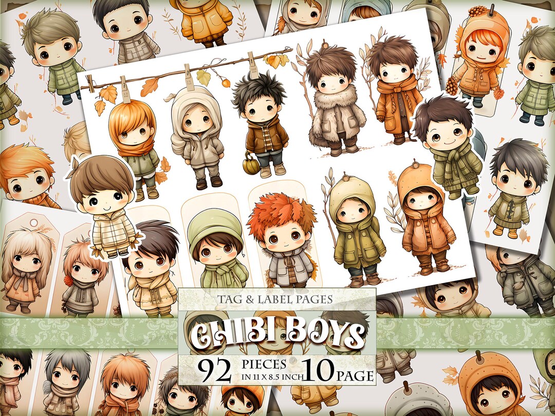 Chibi Boys - Tags, Labels, ATC, Watercolor Junk Journal Embellishments ...
