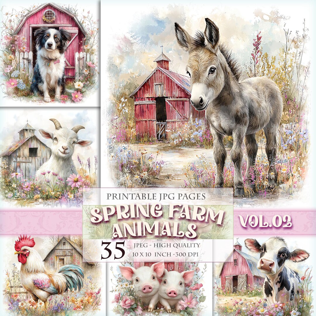 Spring Farm Animals Vol.02, Floral Landscape Clipart, Printable 35 JPG ...