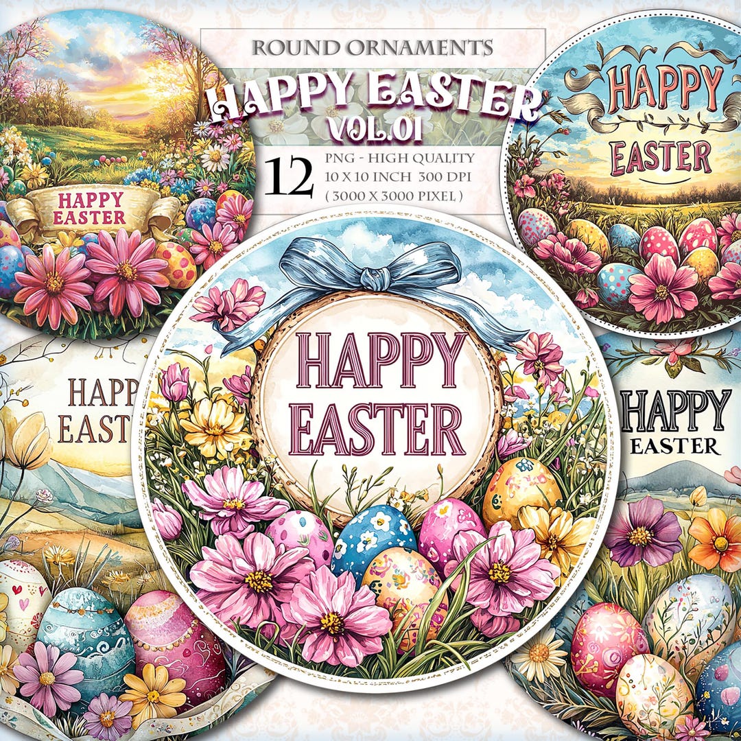 Happy Easter Round Vol.01, Printable 12 PNG Round Clipart, Scrapbook ...