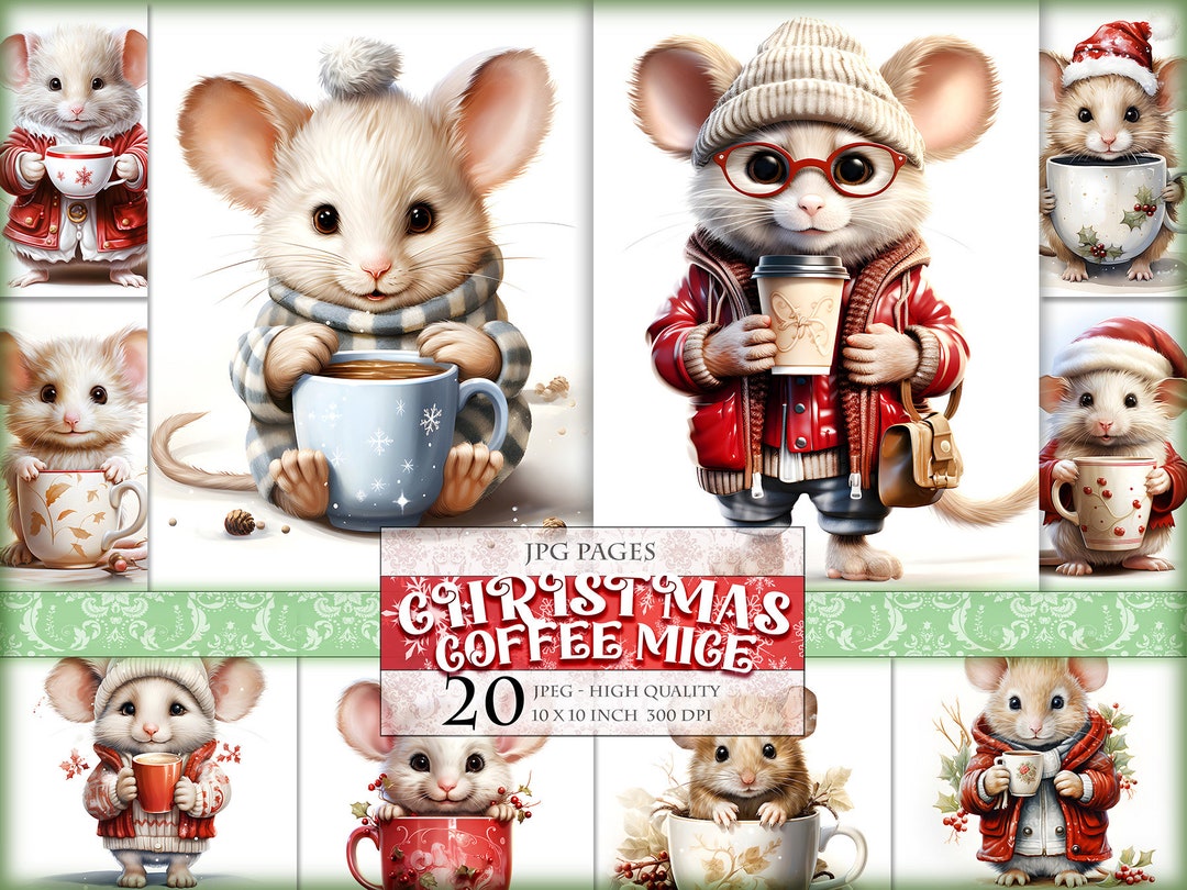 Christmas Coffee Mice, Cute Mouse, Watercolor Printable Pages, Digital ...