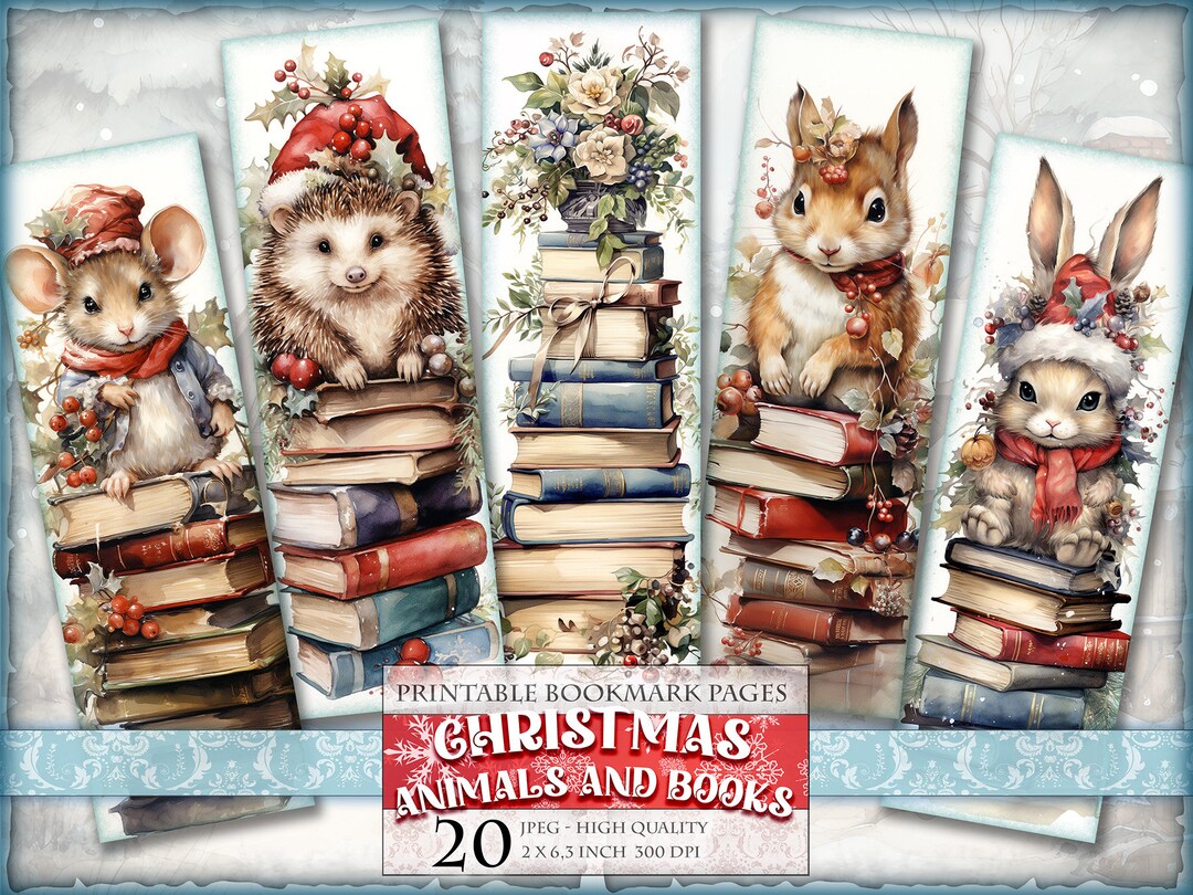 Christmas Bookmarks, Animals & Books, Watercolor Digital Sheets, 2x6,3 ...