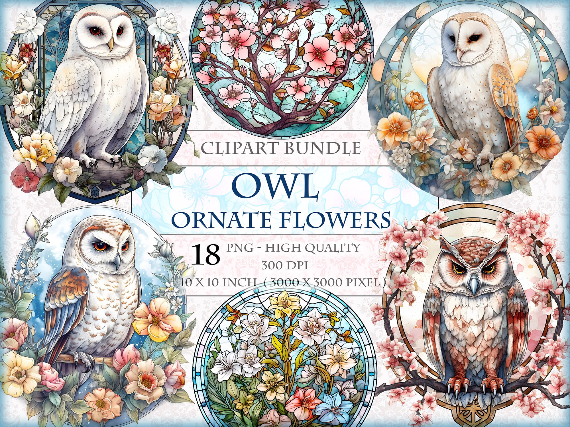 Owl and Ornate Flowers Watercolor Clipart Bundle HQ - Etsy