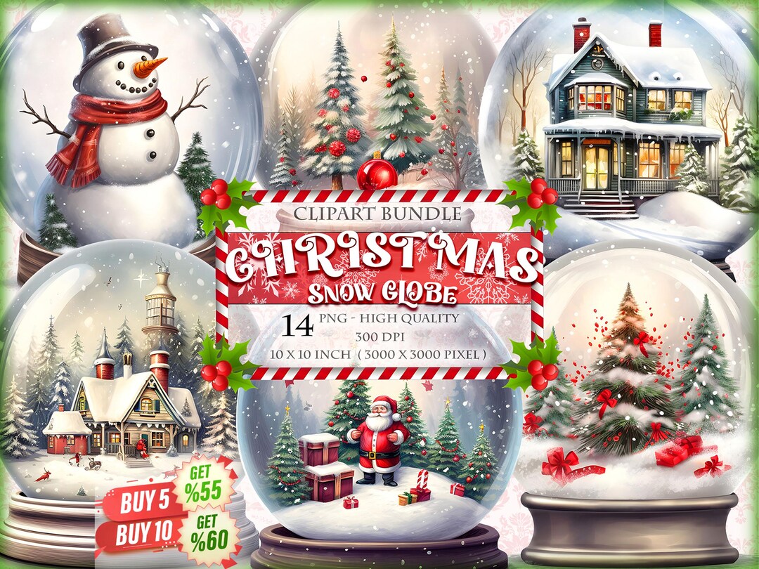 Christmas Snow Globe, Watercolor Clipart Bundle, HQ Printable, PNG ...