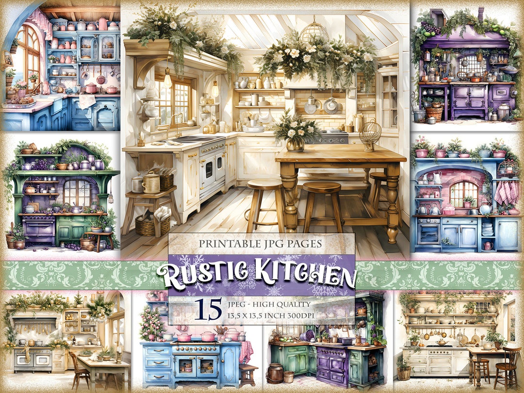 Rustic Kitchens, Watercolor Printable Pages, Digital Collage Sheet, HQ ...