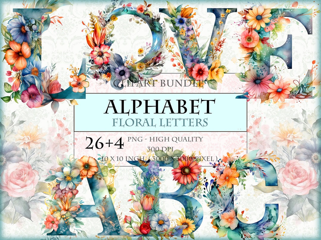 Alphabet Floral Letters Floral Fonts Watercolor Clipart Bundle HQ ...
