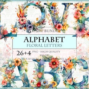 Alphabet Floral Letters Floral Fonts Watercolor Clipart Bundle HQ ...