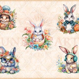 Cute Bunnys Easter, Watercolor Clipart Bundle, Rabbits and Flowers, 15 ...