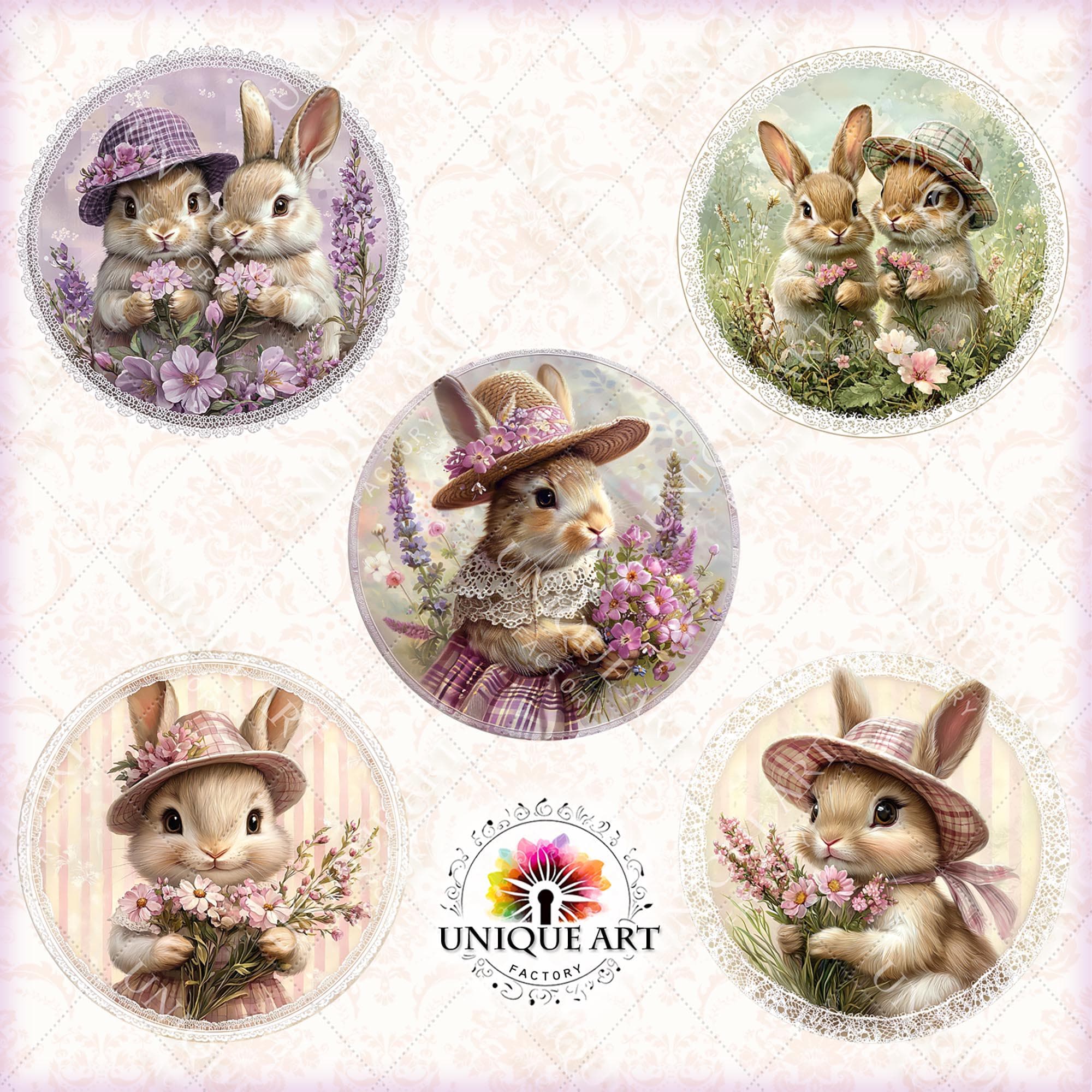 Spring Floral Bunny, Printable 25 PNG Round Clipart, Scrapbook Ephemera ...