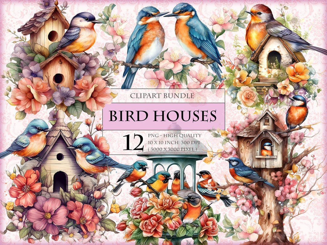 Bird Houses, Watercolor Clipart Bundle, 12 HQ Printable PNG, Scrapbook ...
