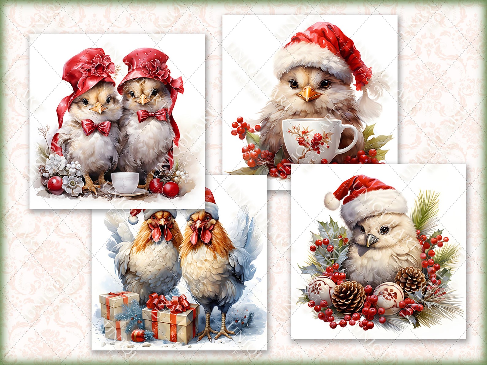 Christmas Chicks, Cute Chickens, Watercolor Printable Pages, Digital ...