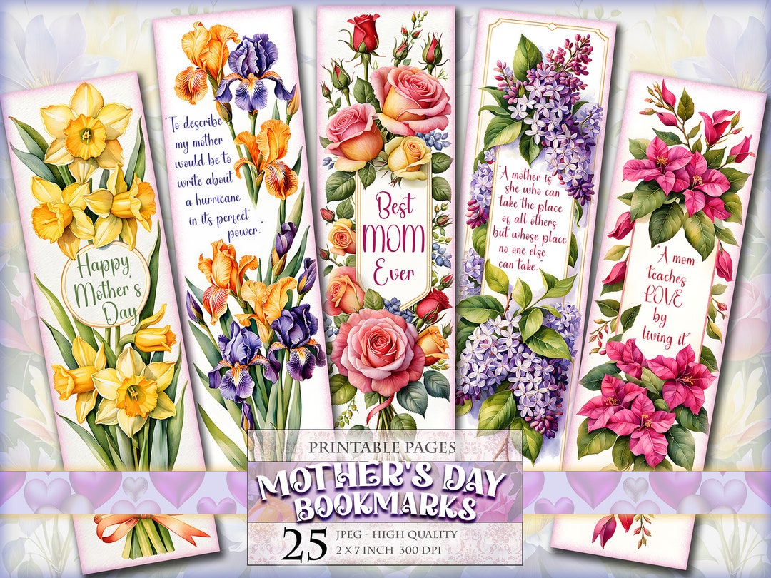 Mother's Day Bookmarks, Watercolor Digital Sheets, 2x7 Inch 25 ...