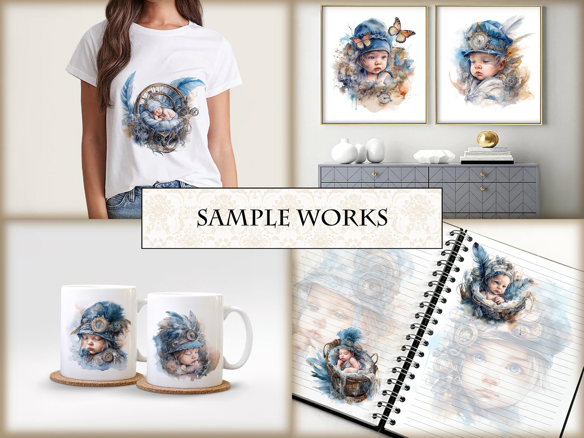 Steampunk Blue Baby and Newborn Watercolor Clipart Bundle - Etsy