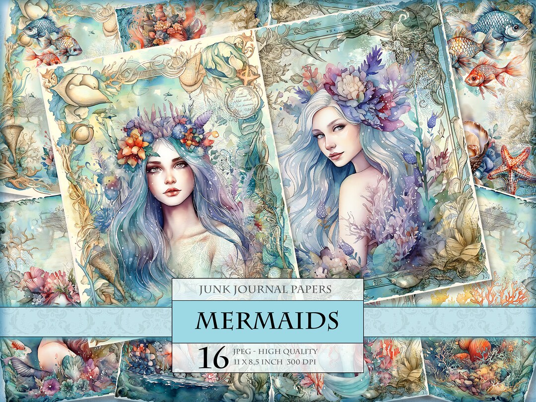 Elegant Mermaids Themed Junk Journal Pages 16 Pcs JPG File 8.5X11 Inch ...