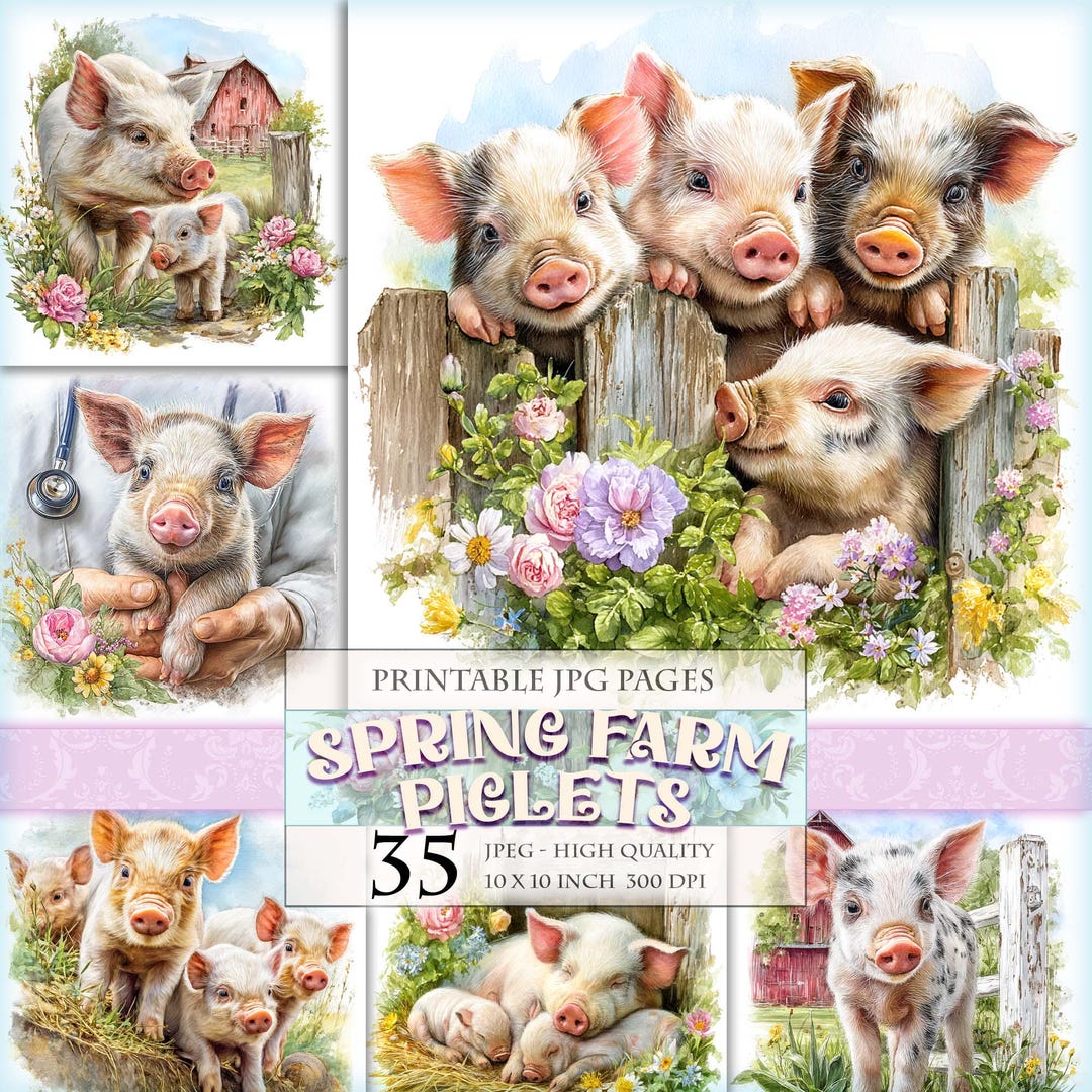 Spring Farm Piglets, Printable 35 JPG Image, Floral Meadow, Cottagecore ...
