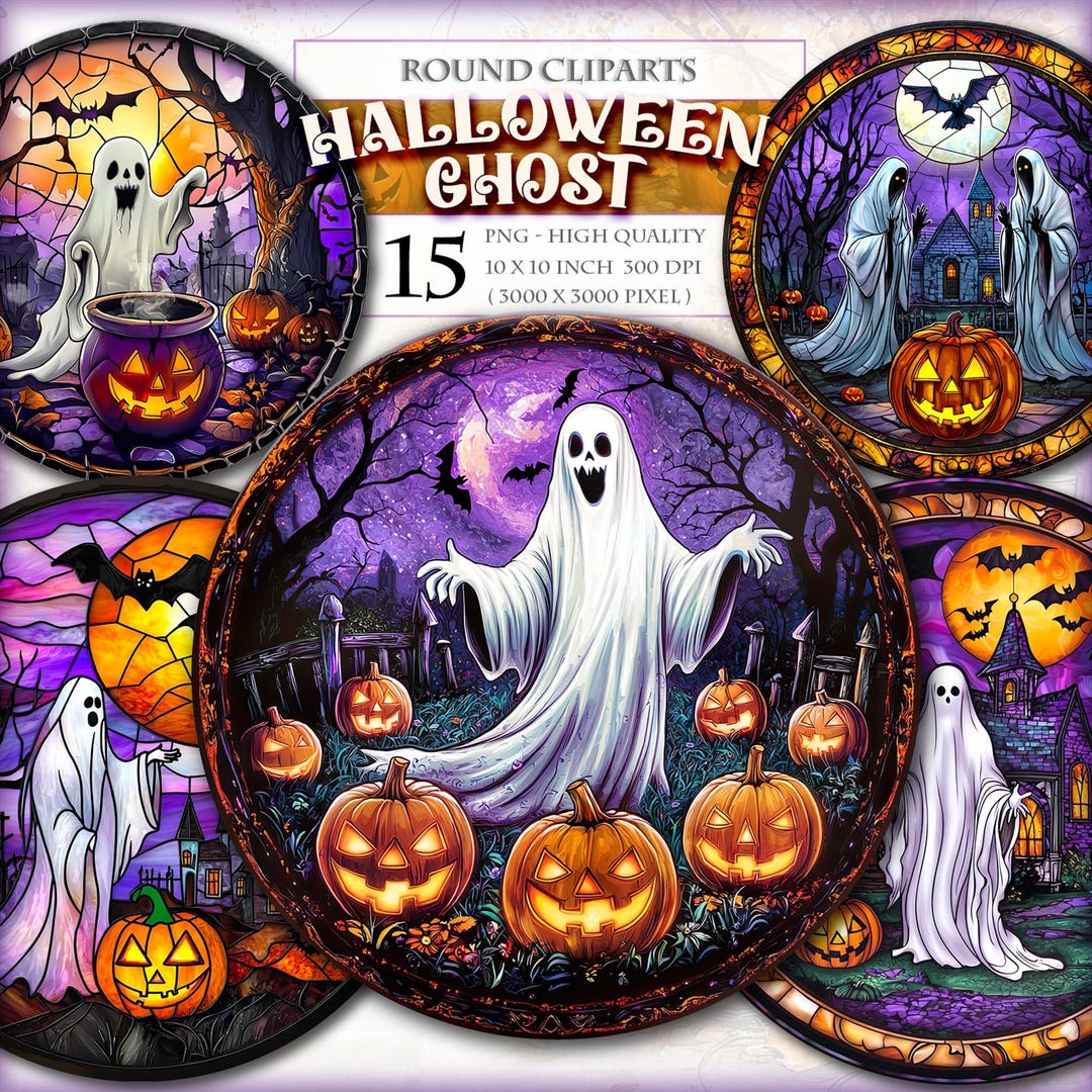 Halloween Ghost Round Clipart, Semi Stained Glass, Printable 15 PNG ...