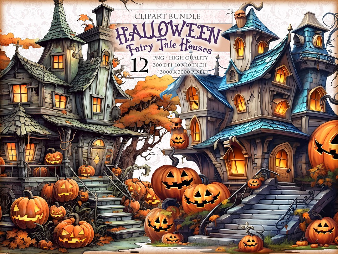Halloween, Fairy Tale Houses, Mug & T Shirt Designs, Watercolor Clipart ...