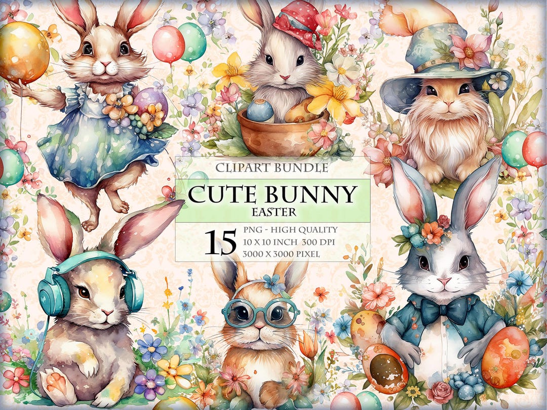 Cute Bunny Easter, Watercolor Clipart Bundle, Rabbits and Flowers, 15 ...