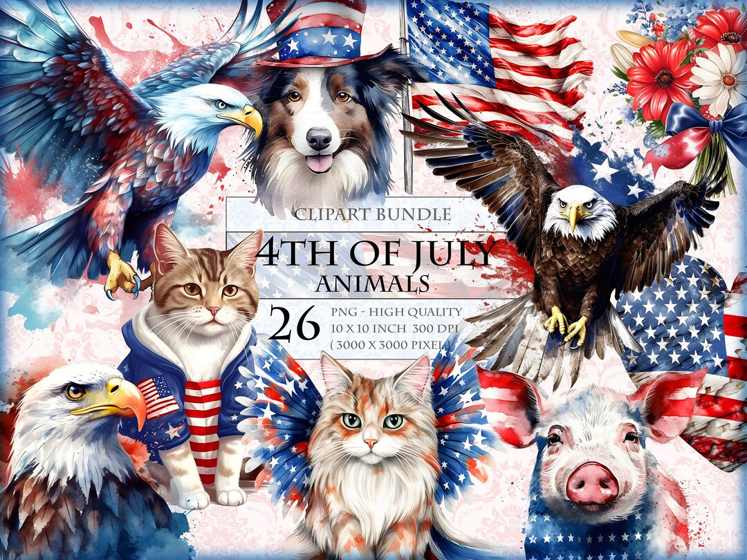 4th of July Animals / Independence Day / Patriotic Watercolor Clipart ...
