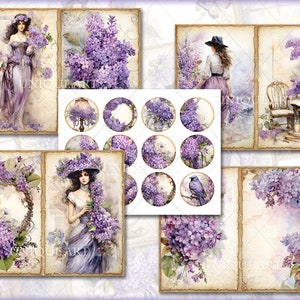 Lady of the Lilacs, Watercolor Floral Junk Journal Kit, 20 JPG 11X8.5 ...