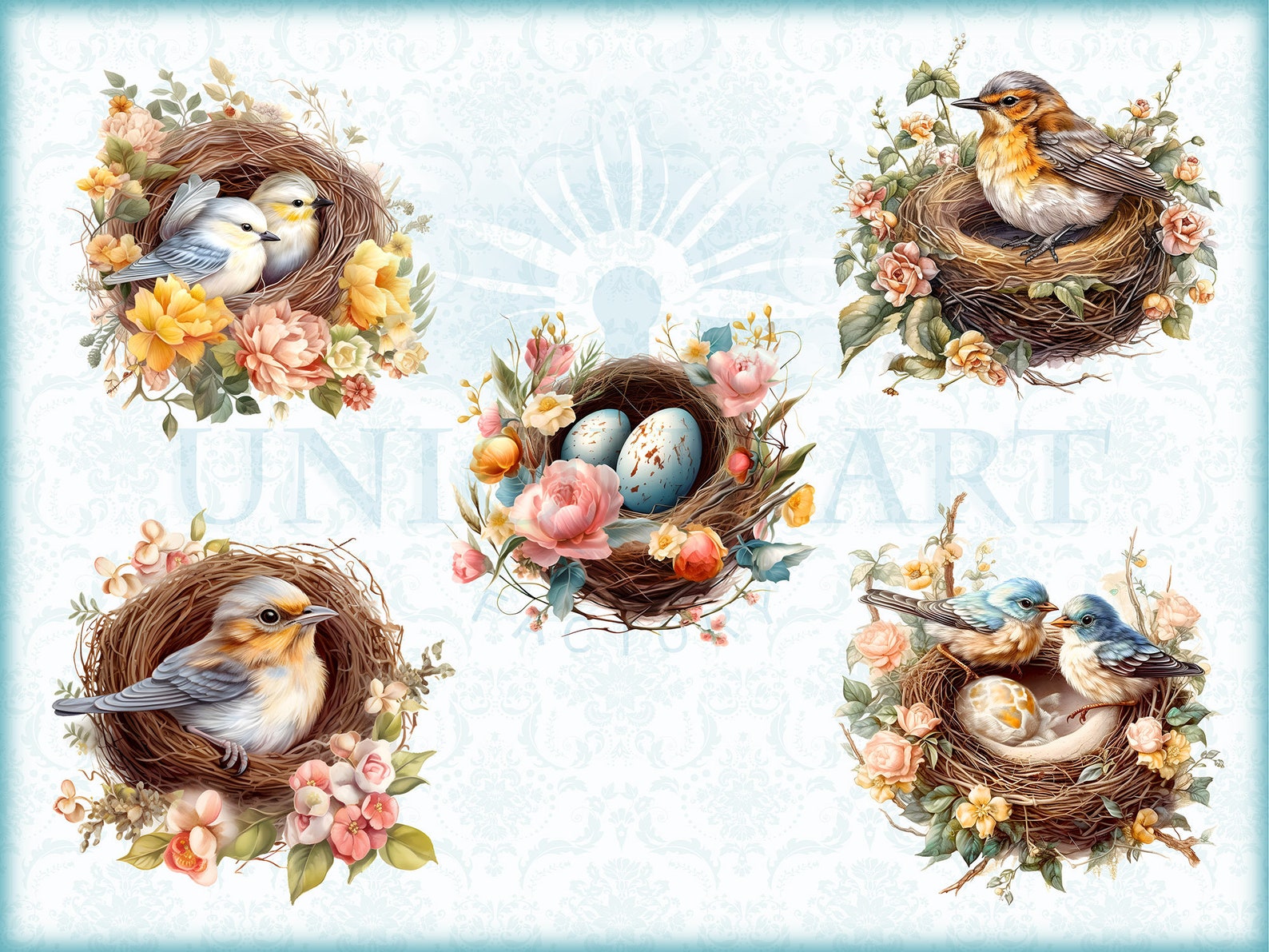 Bird Nests and Flowers Watercolor Clipart Bundle HQ - Etsy