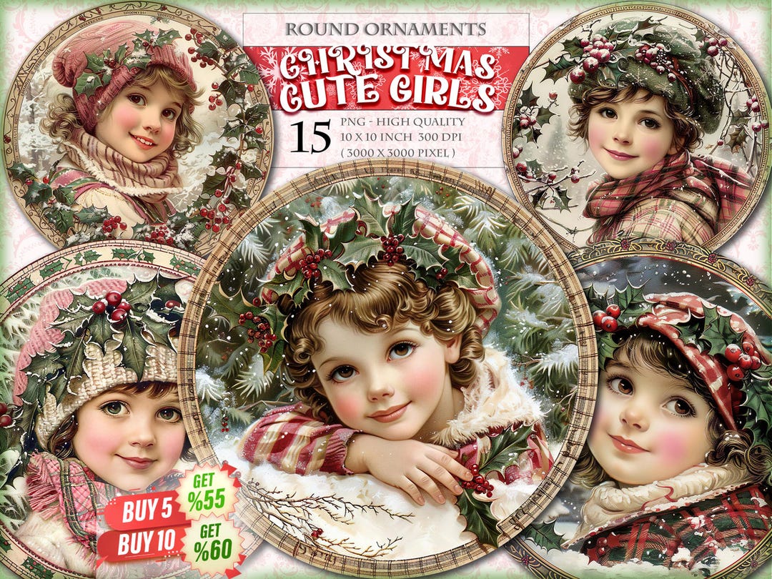 Christmas Cute Girls Round Ornaments, Watercolor Clipart Bundle, 15 HQ ...