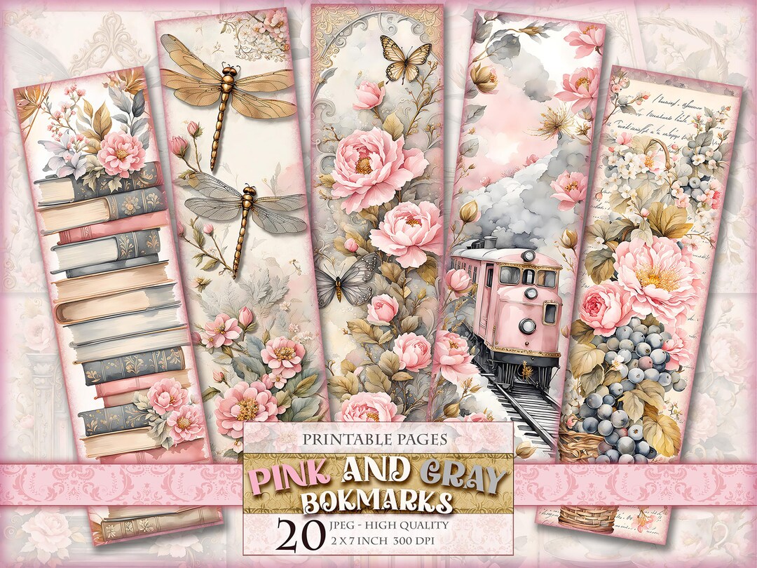 Pink and Gray Bookmarks, 2x7 Inch 20 Bookmarks in 4 Printable JPG Pages ...