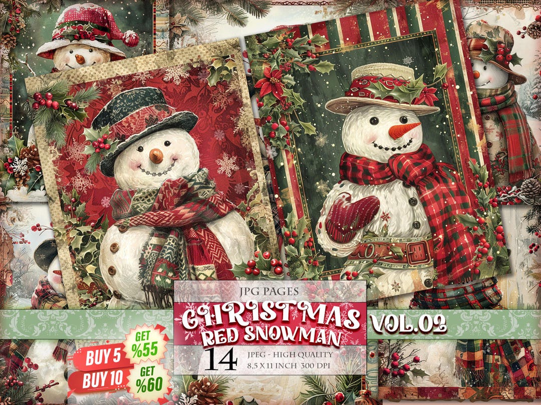 Christmas Red Snowman Vol.02, Winter Landscape, Printable Digital Image ...