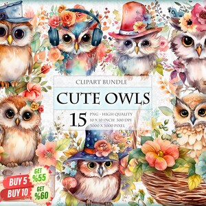 Cute Owls, Watercolor Clipart Bundle, Junk Journal, Scrapbook ...