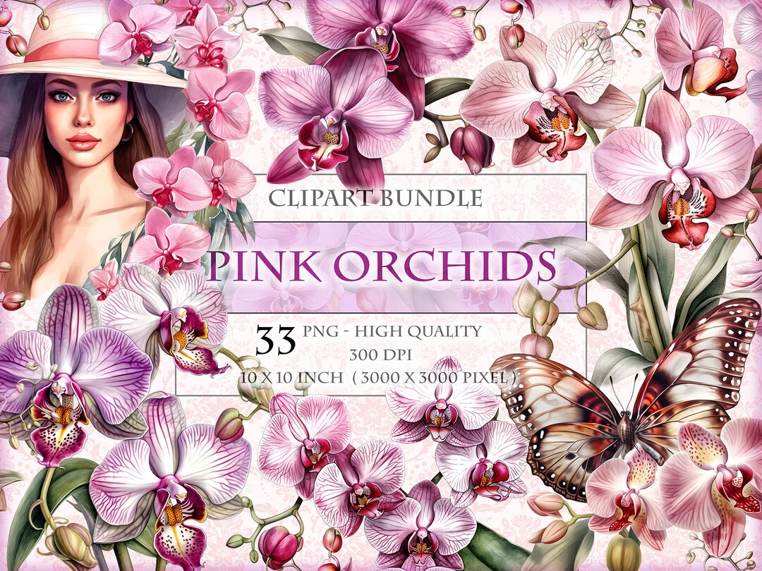 Pink Orchids Orchid Flower Themed Watercolor Clipart Bundle, HQ Printable PNG Format Instant ...