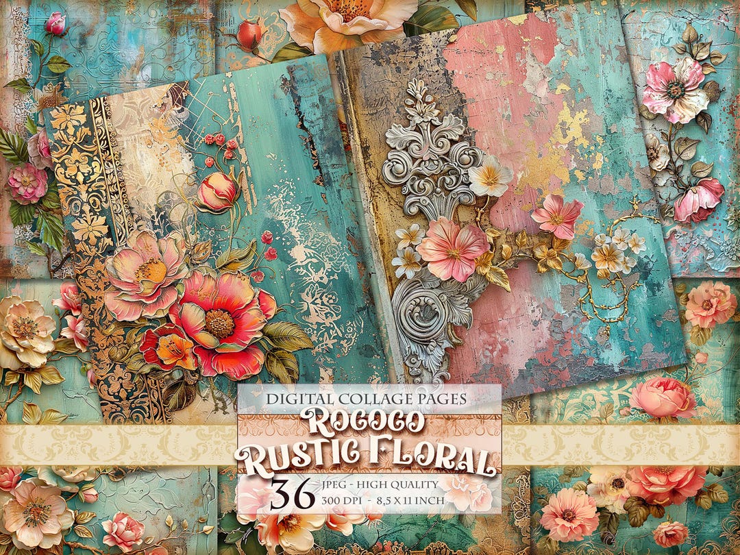 Rococo Rustic Floral Pages, Watercolor Scrapbook Collage Sheets ...