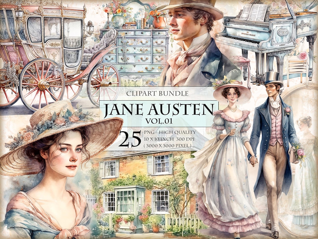 Jane Austen Vol.01 Romantic - Vintage Watercolor Clipart Bundle - Sense ...