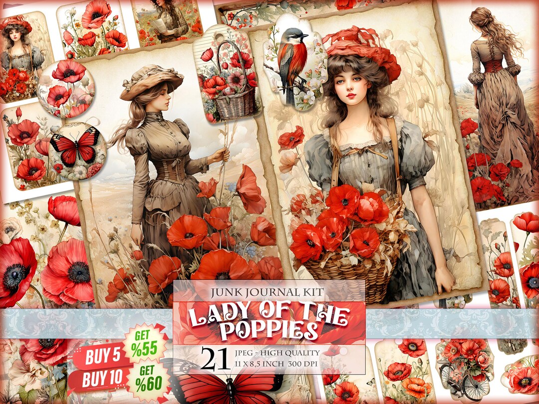 Lady of the Poppies, Watercolor Floral Junk Journal Kit, 21 JPG 11X8.5 ...