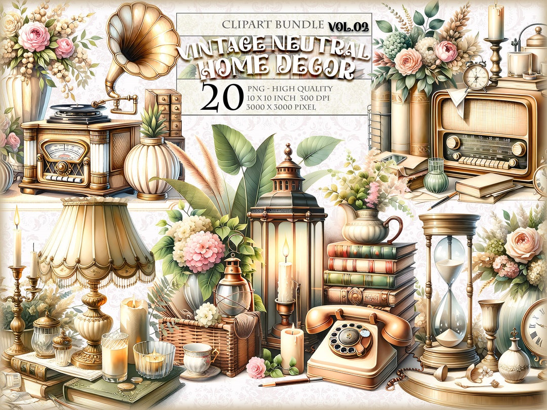 Vintage Neutral Home Decor Vol02, Watercolor Clipart Bundle, 20 HQ ...