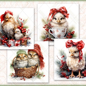 Christmas Chicks, Cute Chickens, Watercolor Printable Pages, Digital ...