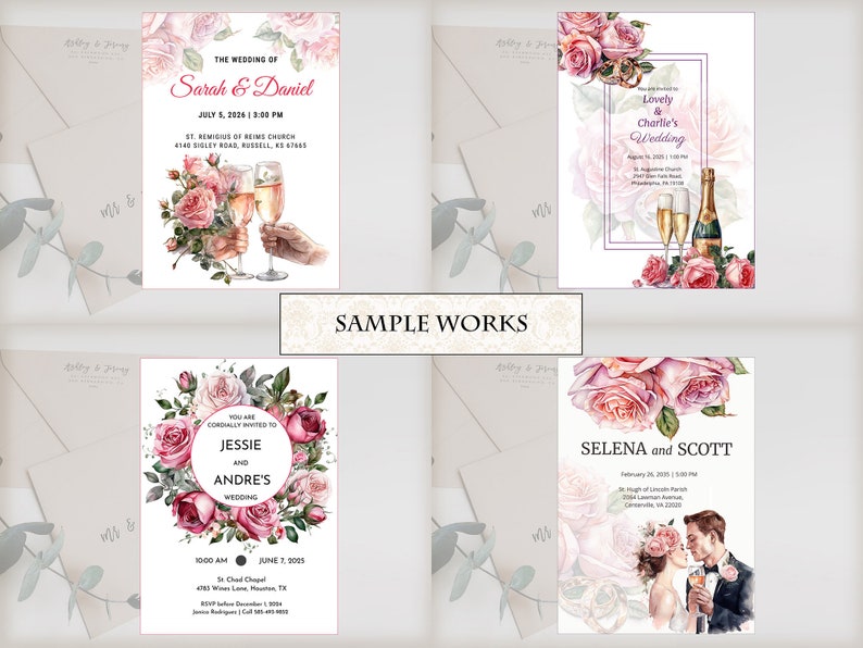 Roses and Champagne Wedding Invitation Series Watercolor - Etsy