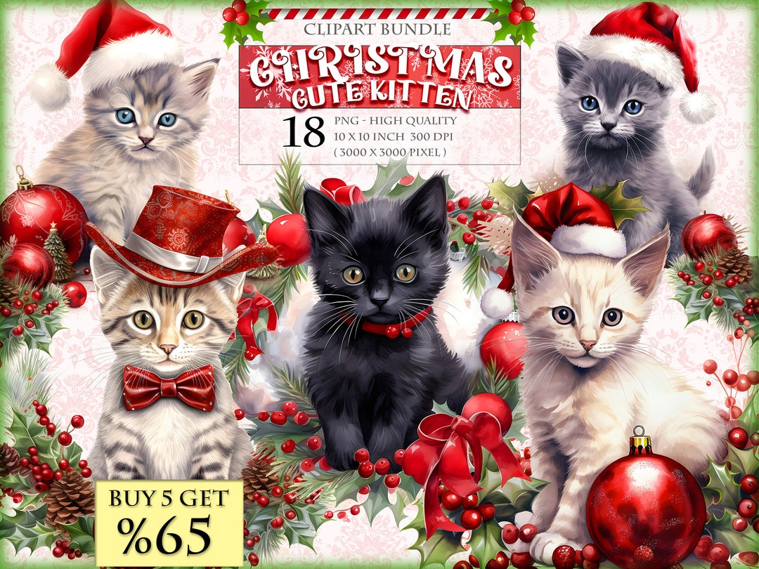 Christmas Cute Kitten / Cats, Gifts and Ornaments, Watercolor Clipart ...
