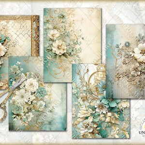 Rustic Mint and Beige Pages, Watercolor Scrapbook Collage Sheets ...