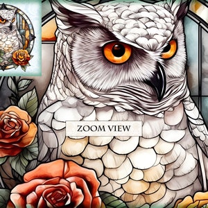 Owl and Roses Stained Glass Watercolor Clipart Bundle HQ Printable PNG ...