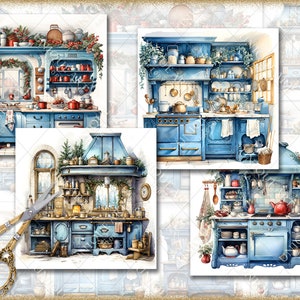 Rustic Blue Kitchens, Watercolor Printable Pages, Digital Collage Sheet ...