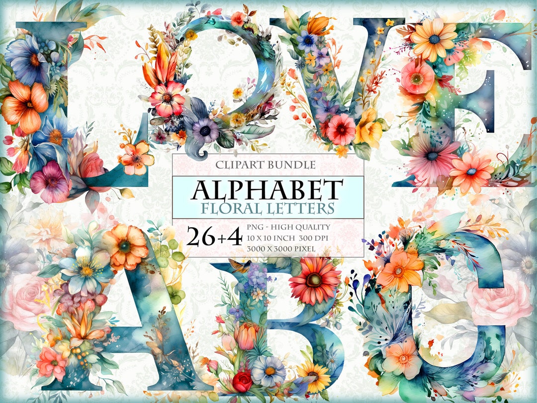 Alphabet Floral Letters Floral Fonts Watercolor Clipart Bundle HQ ...