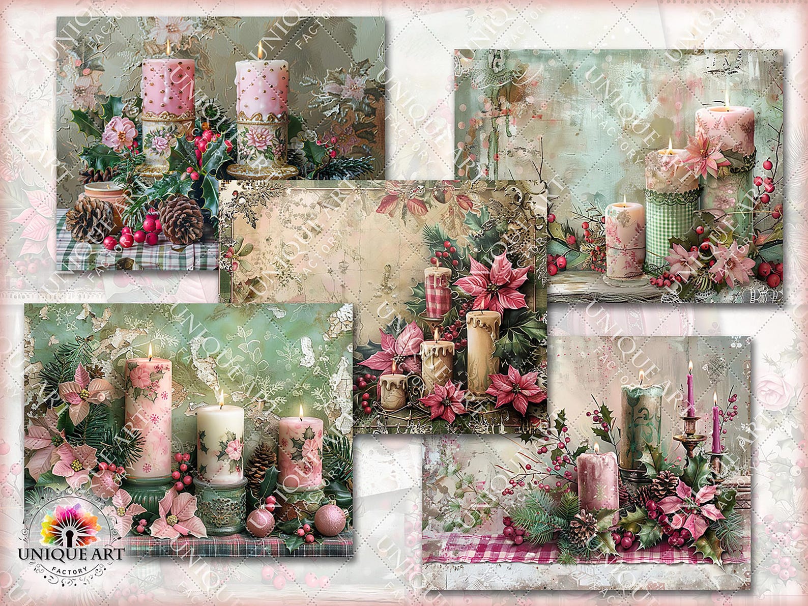 Christmas Floral Candles, Digital Collage Sheet, Printable Pages, HQ 30 ...