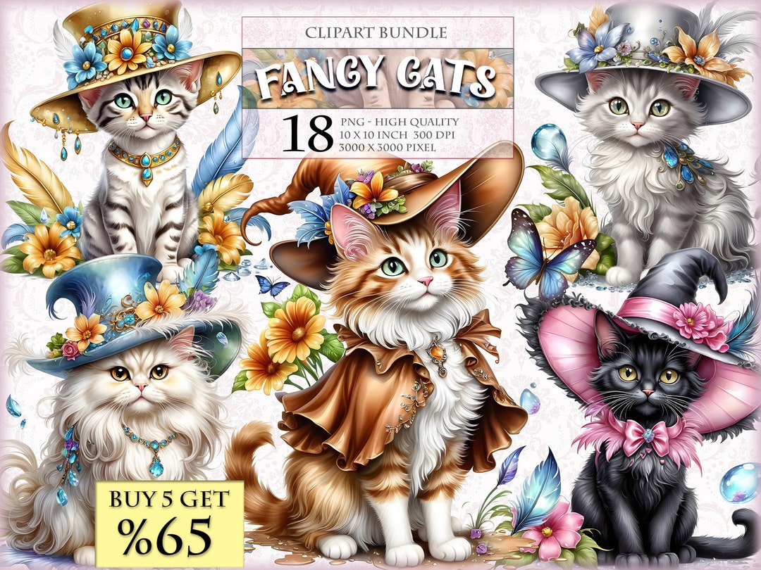 Fancy Cats, Watercolor Clipart Bundle, 18 HQ Printable, Transparent PNG ...