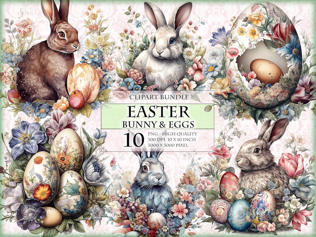 Bunny and Easter Eggs, Watercolor Clipart Bundle, 10 HQ Printable PNG ...