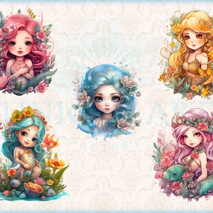 Little Cute Mermaids Magical Sea Maiden Sea Princess Watercolor Clipart ...