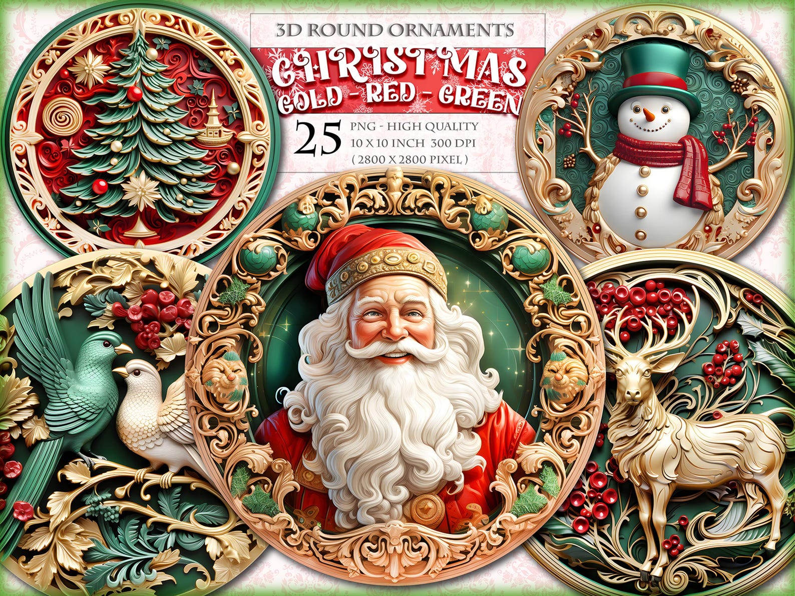 3D Christmas Round Ornaments, Gold-red-green, Round Clipart Bundle, 25 ...
