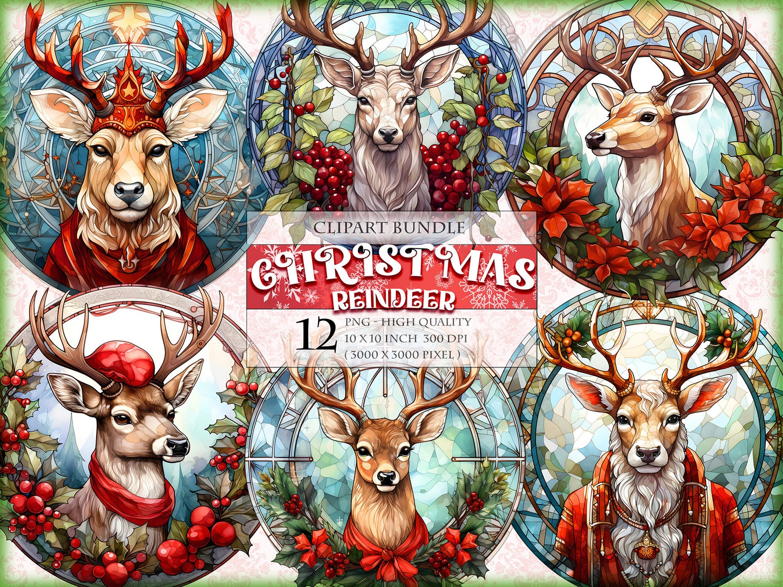 Christmas Stained Glass Reindeer Watercolor Clipart Bundle - Etsy
